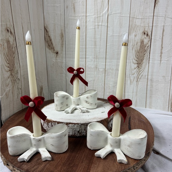 Accents | Elegant White Bow Candle Holders Battery Operatedwith Red ...